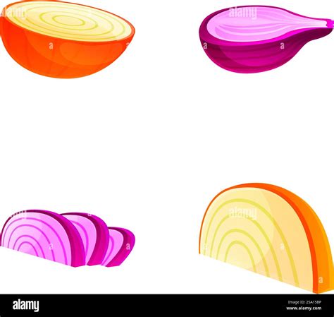 Various Onion Icons Set Cartoon Vector Whole And Chopped Onion Organic Fresh Vegetable