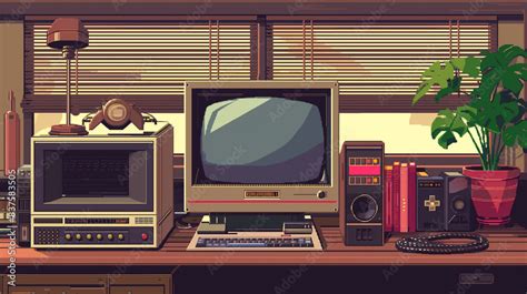Pixel Art Vintage Items Cassette Tapes Old Computers Nostalgic Elements Retro Design Stock