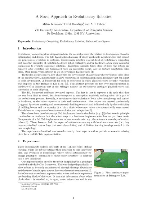 PDF A Novel Approach To Evolutionary Robotics