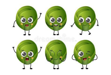 Set Of Cute Cartoon Brussels Sprout Vegetables Vector Character Set Isolated On White Background