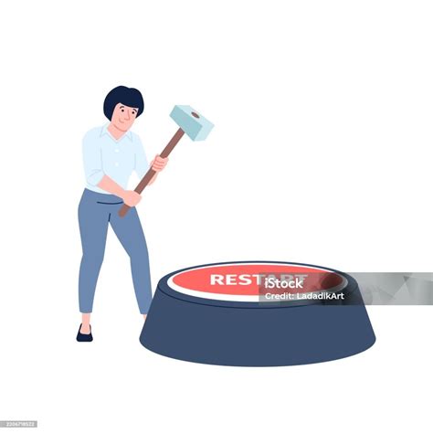 사업가는 거대한 망치로 재시작 버튼을 누릅니다 비즈니스에 대한 새로운 모습 소유자가 작업 프로세스를 업데이트합니다 갱신 플랫 최근 벡터 장면 개발에 대한 스톡 벡터 아트 및