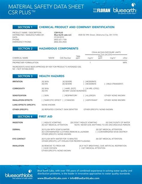 Material Safety Data Sheet Csr Plustm Blue Earth Labs