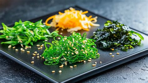 Colorful Assortment Of Seaweed Salads On A Modern Black Plate Stock