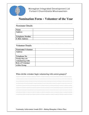 Fillable Online Nomination Form Volunteer Of The Year Midl Ie Fax