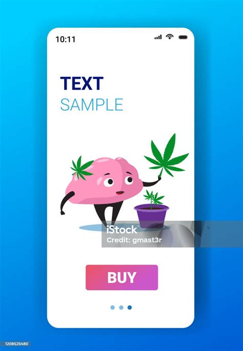 인간의 뇌 들고 마리화나 잎 간자 합법화 마약 소비 대마초 중독 개념 모바일 앱 스마트 폰 화면 수직 복사 공간 Thc에 대한