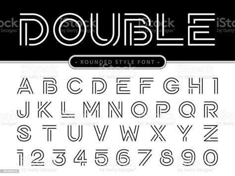 현대 알파벳 글자와 숫자 평행선 무늬의 벡터 글꼴 각 문자에 대 한 이중선 반올림 외형선에 대한 스톡 벡터 아트 및 기타 이미지
