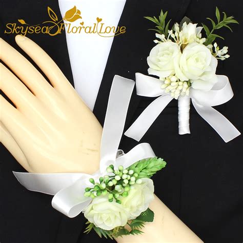 Wedding Corsages And Boutonnieres White Rose Bride Groom Wrist Brooch