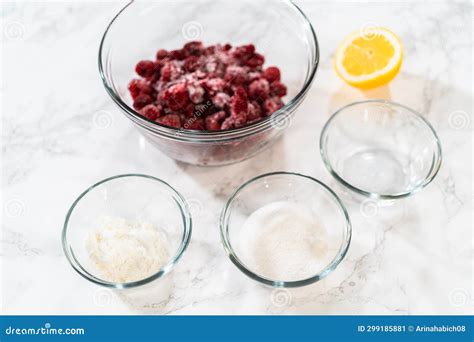 Raspberry Cake Filling Measured Ingredients Await On Counter Stock