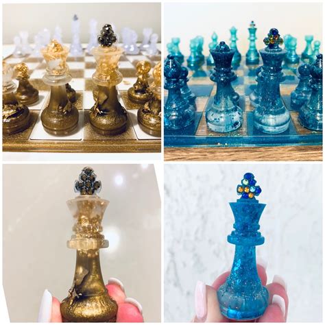 Custom Resin Chess Set With Board Large Jumbo Size Complete 32 Pieces Gold Leaf Dried Flowers