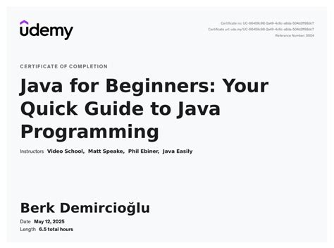 My Course Completion Certificate For Java For Beginners Your Quick