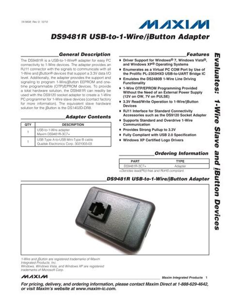 DS R Usb To Wire Ibutton Adapter Evaluates Wire Maxim