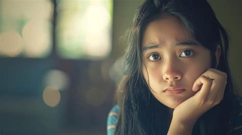 Young Indonesian Woman With Long Black Hair Looking Directly At The