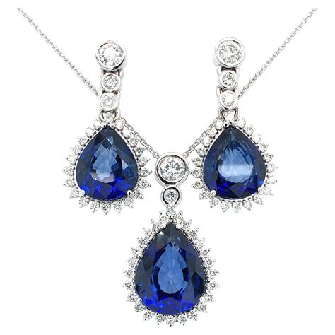 Sapphire And Diamond Pear Cut Art Deco Drop Necklace And Earrings Set