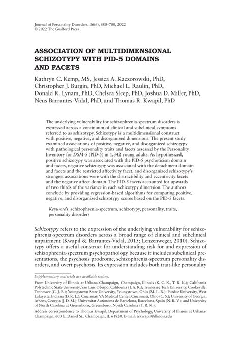 Pdf Association Of Multidimensional Schizotypy With Pid 5 Domains And Facets