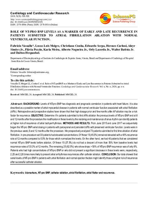Pdf Role Of Nt Pro Bnp Levels As A Marker Of Early And Late