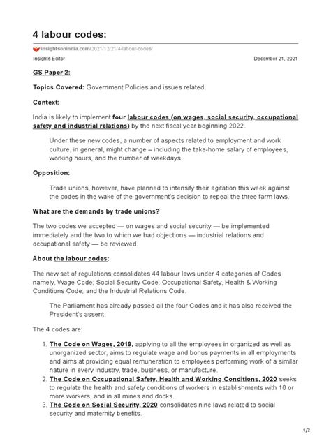 4 Labour Codes Pdf Labour Law Employment