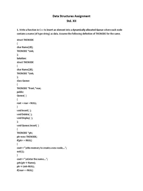 Data Structures Assignment Std Xii Pdf Queue Abstract Data Type