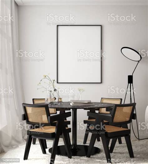 현대적인 인테리어 배경 주방과 거실 현대적인 스타일 3d 렌더링 3d 그림에 포스터 프레임 조롱 0명에 대한 스톡 사진 및 기타 이미지 Istock