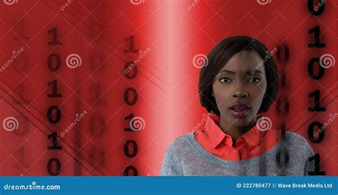 binary coding data processing over portrait of businesswoman against
