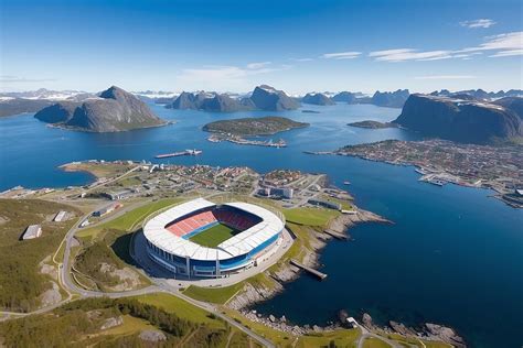 View Over The Henningsvaer Football Stadium In Norway With The Sea And