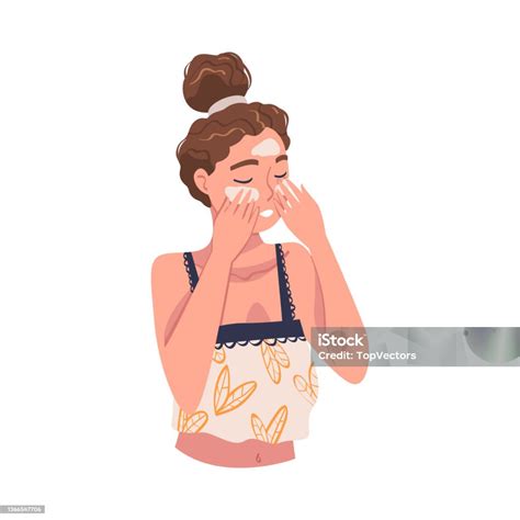 얼굴 벡터 일러스트레이션에 크림을 적용 위생 절차를 수행하는 욕실에서 여성 캐릭터 개성 개념에 대한 스톡 벡터 아트 및 기타 이미지 개성 개념 건강관리와 의술 문화