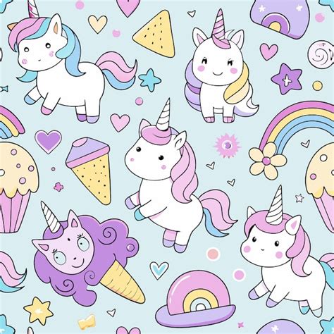 Seamless Pattern With Cute Unicorns Hearts Rainbows Stars And Ice Cream Cones On A Blue