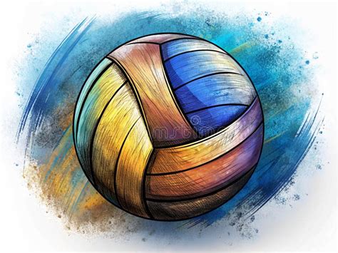 Watercolor Illustration Of A Volleyball With Blue And Yellow Stripes
