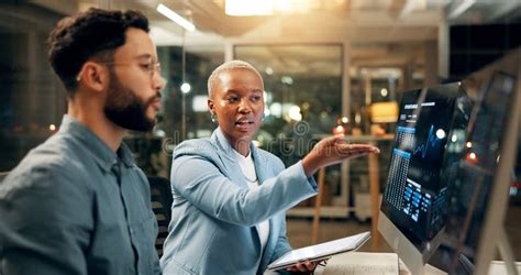 Computer Screen Stock Market And Tablet With Business People In Office Together For Trading At