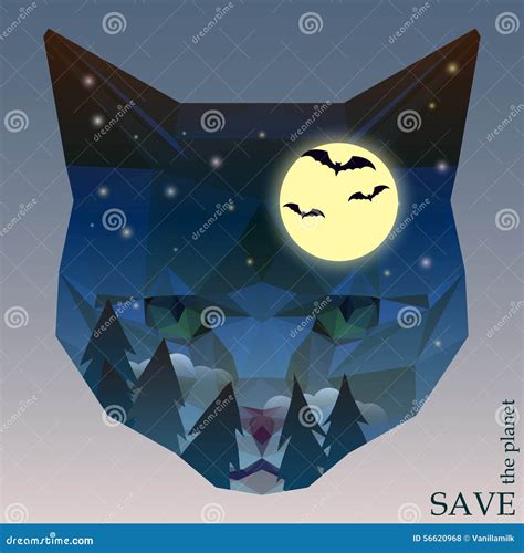 Tête De Chat Avec La Forêt De Nuit Battes Et Lune Illustration