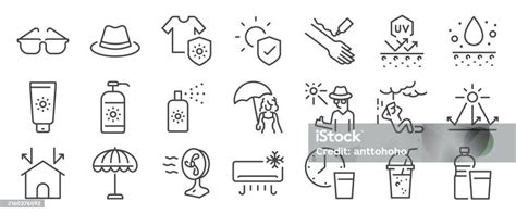 자외선 차단 아이콘 세트 여기에는 수분 공급 자외선 차단제 우산 물 태양 광선 및 더 많은 아이콘이 포함됩니다 편집 가능한 벡터 스트로크 가리기에 대한 스톡 벡터 아트 및