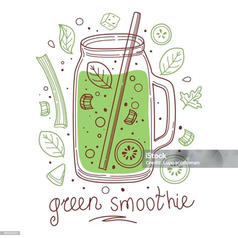 여름 녹색 해독 음료 과일 스무디 유리 병에 유기농 레모네이드 항아리 및 빨대가있는 주전자 상쾌한 여름 수제 음료 컬러 플랫 벡터 일러스트 레이 션 격리 된 흰색 배경