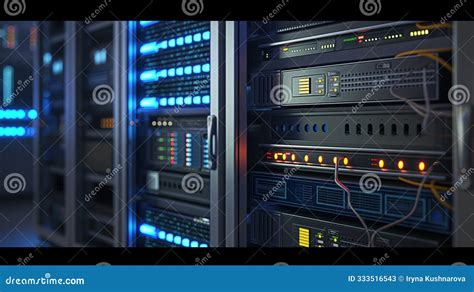 High Tech Server Room Data Center Interior With Rackmount Led Console