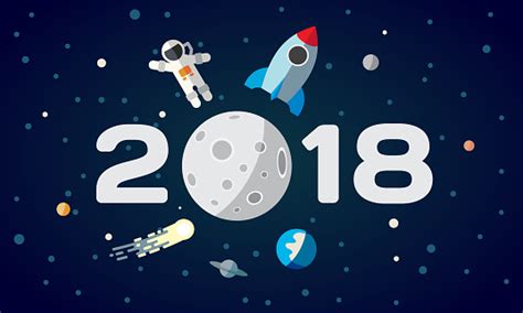 日曆的平面空間主題插圖宇航員和火箭在月亮背景2018新年快樂封面海報傳單向量圖形及更多太空人圖片 太空人 聖誕節 2018 Istock