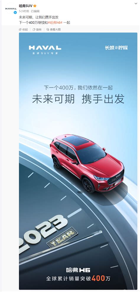哈弗 H6 车型全球累计销量突破 400 万金纳莱网