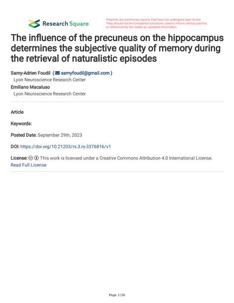 Pdf The Influence Of The Precuneus On The Hippocampus Determines The