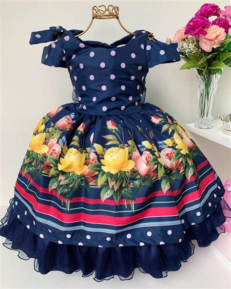 Vestido Infantil Azul Marinho Floral Poá Rosa Luxo Princesas Rosa Charmosa Atacado