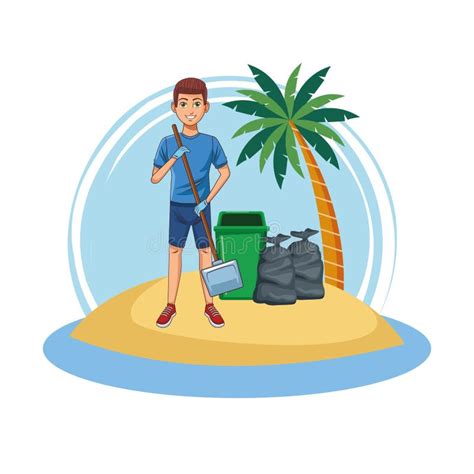 Volunteer Man Cleaning The Beach Stock Vector Illustration Of Space
