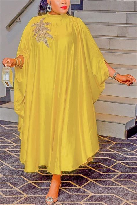 Wholesale Orange Casual Daily Solid Appliques Beading O Neck Long Dress