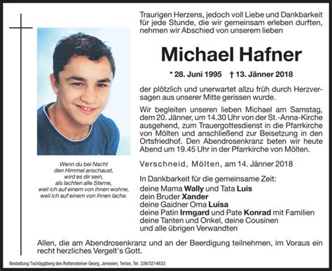 Traueranzeigen Von Michael Hafner Trauerbz