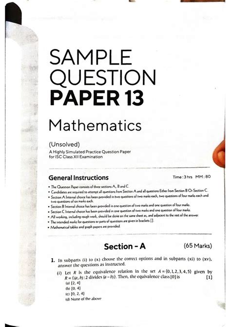 Mathematics Unsolved A Highly Simulated Practice Question Paper For Isc