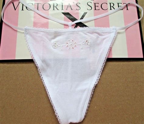 Victorias Secret White Cotton V String Thong Panty Eyelet Embroidery S