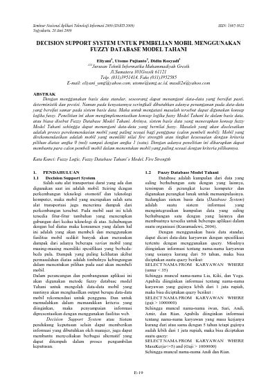 decision support system untuk pembelian mobil menggunakan fuzzy database model tahani