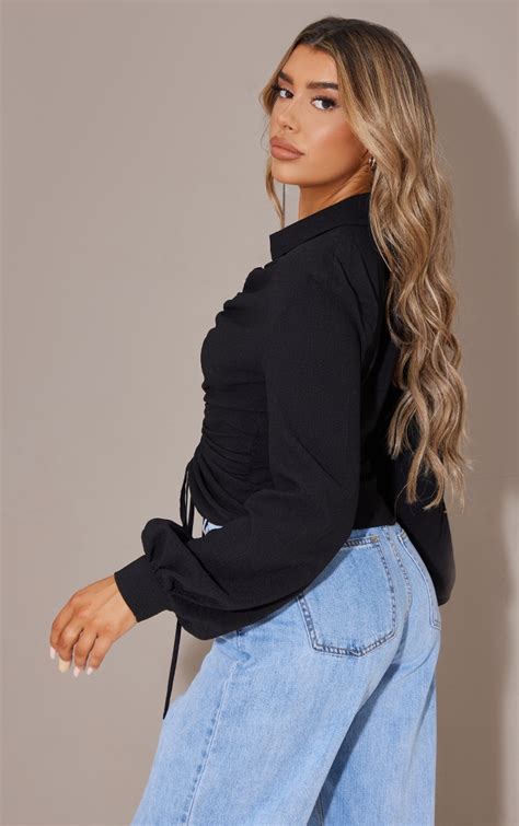 Black Textured V Neck Ruched Long Sleeve Top Prettylittlething Usa