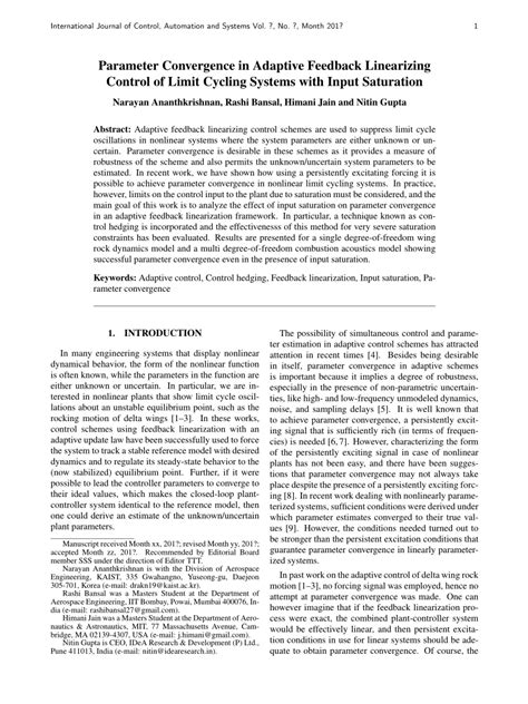 Pdf Parameter Convergence In Adaptive Feedback Linearizing Control Of