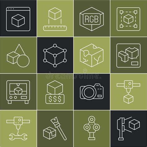 Set Line 3d Scanner With Cube Printer Rgb And Cmyk Color Mixing Isometric Basic Geometric