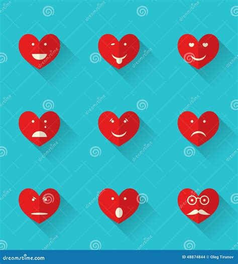 Set Flat Icons Of Smiles Heart Style With Long Shadows Stock Vector