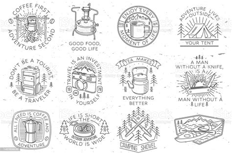 캠핑 배지 패치 세트 벡터 일러스트 레이 션 셔츠 또는 로고 인쇄 스탬프 또는 티에 대한 개념 캠핑 장비 숲 사진 카메라 프리무스 주전자 복고풍 나침반 및 산이있는 빈티지