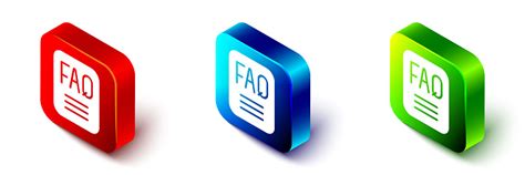 흰색 배경에서 격리 된 텍스트 Faq 정보 아이콘이있는 등색 음성 거품 텍스트 Faq가 있는 원 버튼입니다 빨간색 파란색 및 녹색 사각형 버튼 벡터 아이콘에 대한 스톡 벡터