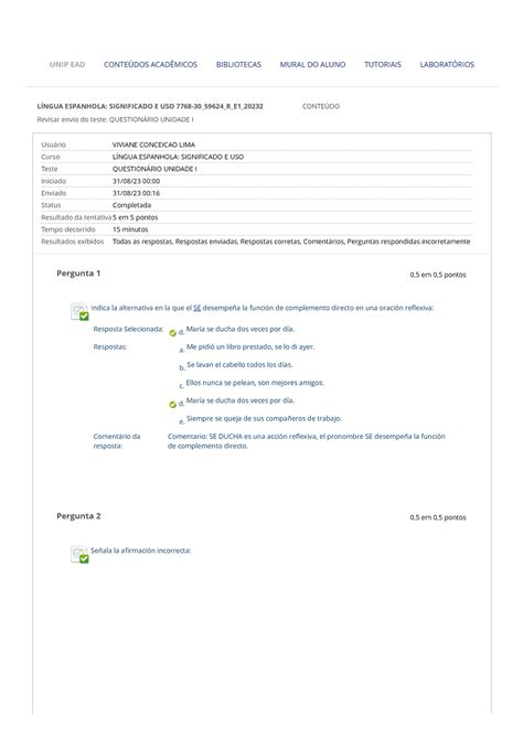 Revisar envio do teste Questionário Unidade I Língua Revisar envio