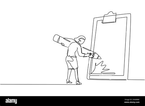 Continuous One Line Drawing Businesswoman Mark Checklist With Pencil